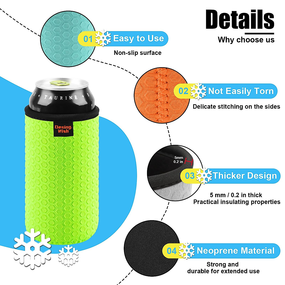 Desing Wish 4 Pack 16oz Can Cooler Sleeves Honeycomb Embossing Insulated Neoprene Soda Cans Sleeves Holders Non-slip Can Insulator Sleeves - Orange/Green/Cyan/Grey