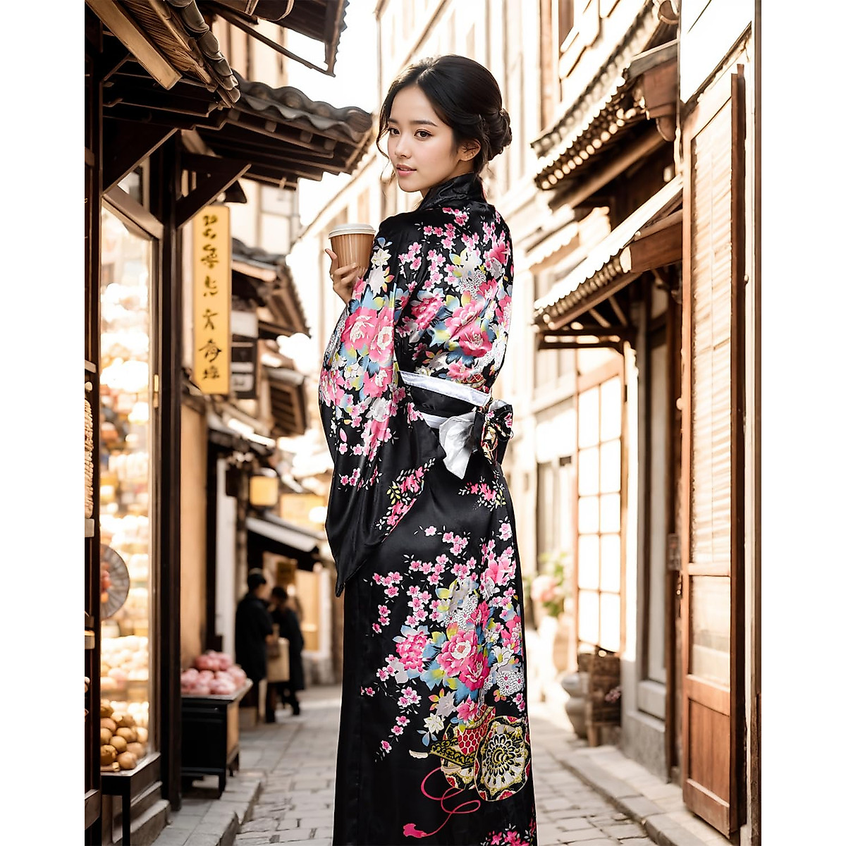 PLULON 5Pcs Japanese Robe Geisha Yukata Dress Blossom Satin Bathrobe with Drawstring Bag Hand Fan Hairpin Tabi Socks Set for Women