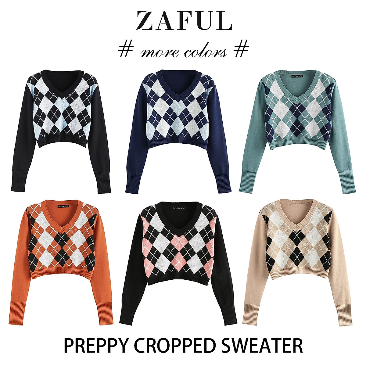 ZAFUL Women's Sweaters Long Sleeve V-Neck Argyle Knitted Crop Sweater Pullover Tops Green