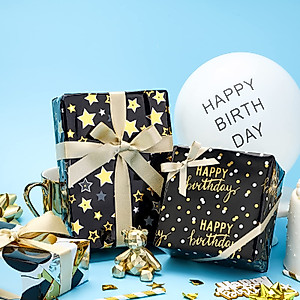 LeZakaa Birthday Wrapping Paper Roll - Mini Roll - Metallic Foil with Balloon, Star and Happy Birthday Lettering - 17 x 120 inches, 3 Rolls (42.5 sq.ft.ttl.)