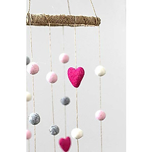 Felt Ball & Heart Nursery Ceiling Mobile- Hot Pink, Light Pink, Gray & White