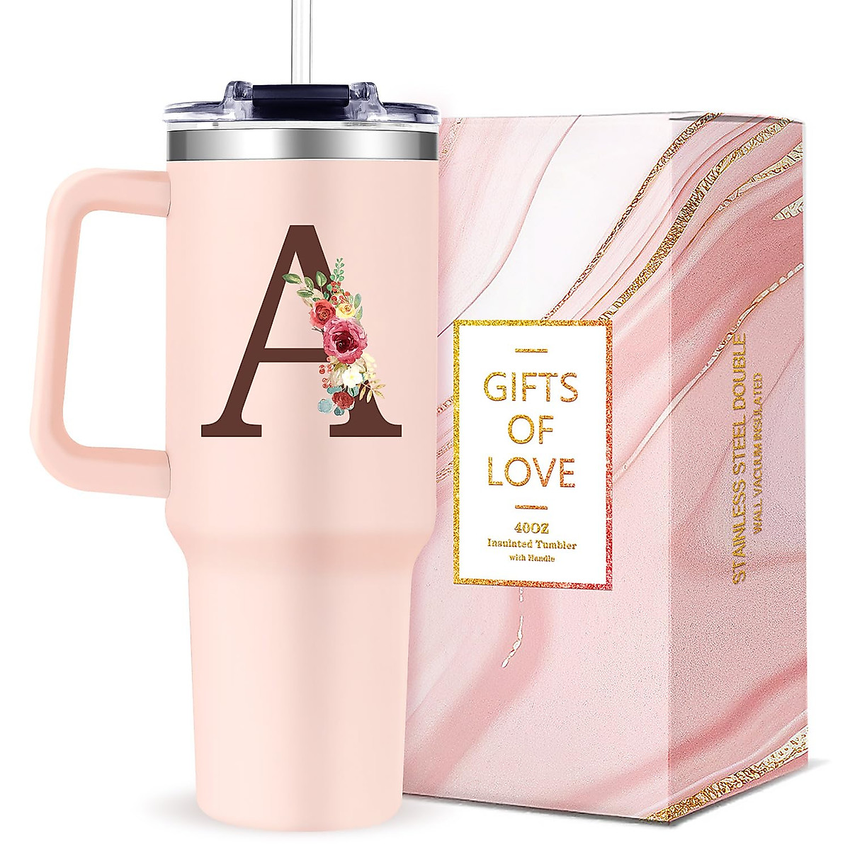 Gooddooes Monogrammed 40oz Tumbler With Handle for Women, Personalized Birthday Gift, Initial Cups Floral Letter A, Customized Lady Gift for Mother's Day Christmas