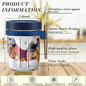 4 Set Overnight Oats Containers with Lid and Spoon Overnight Oats Jars 12oz Glass Airtight with Measurement for Cereal Yogurt Milk (Gray, Blue, White, Orange)