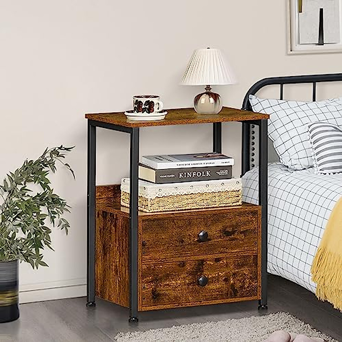 Lerliuo Nightstand, Industrial Bed Side Table with 2 Drawers Storage Open Shelf, Sturdy End Table with Steel Frame, Night Stand for Bedroom, Living Room, Vintage Brown