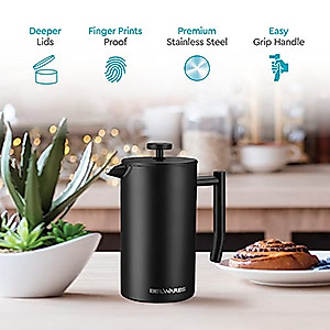 French Press Coffee Maker - Double Wall Insulated 304 Stainless Steel Coffee Maker 4 Level Filtration System - 2x Filter & Coffee Spoo Coffee Press Tea Makrer, 34oz (1 Litre) - Black