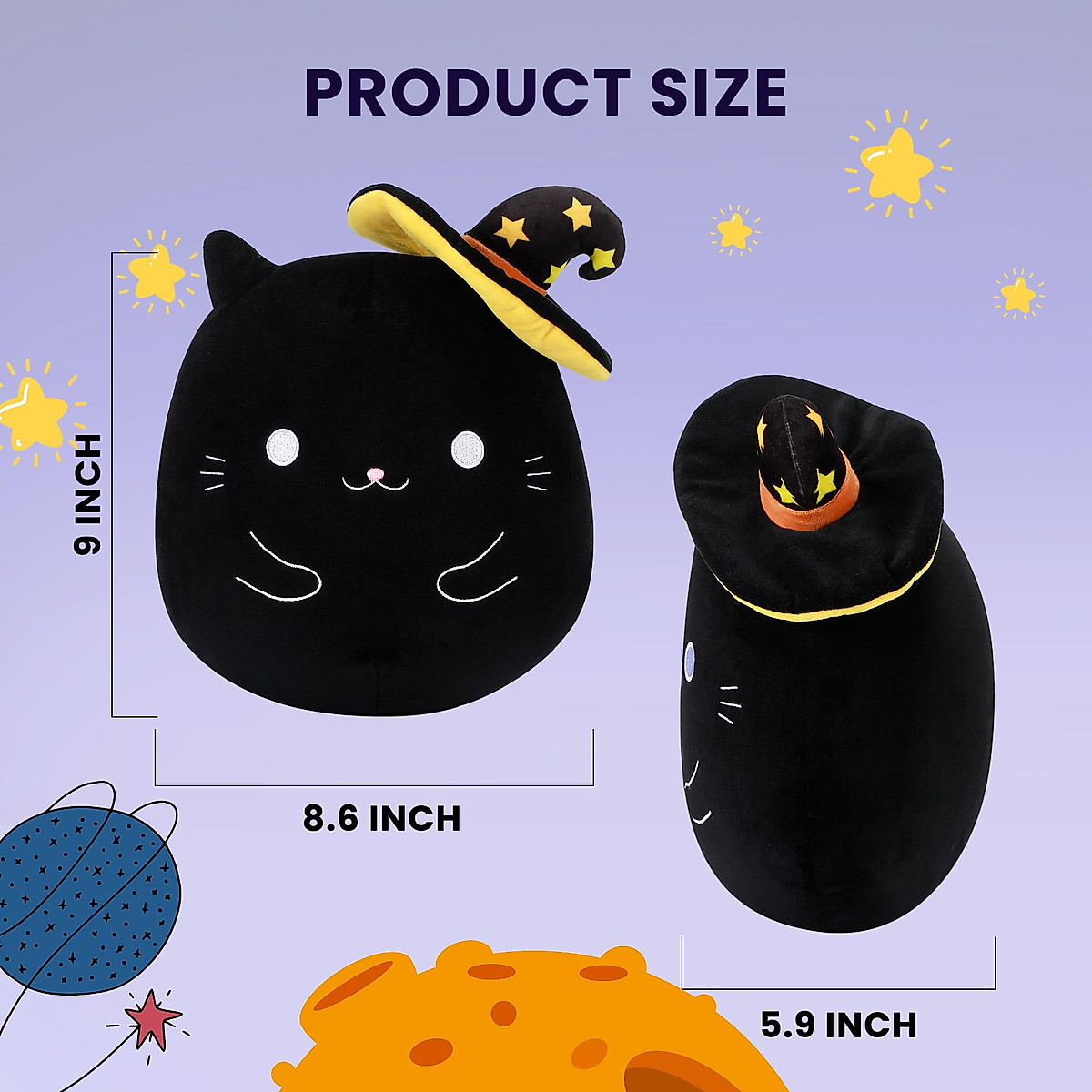 YIIQUWEN Black Cat Plush Cute Stuffed Animals Soft Pillow Halloween, Birthday Gift for Girls Boys Kids 9.0 inch