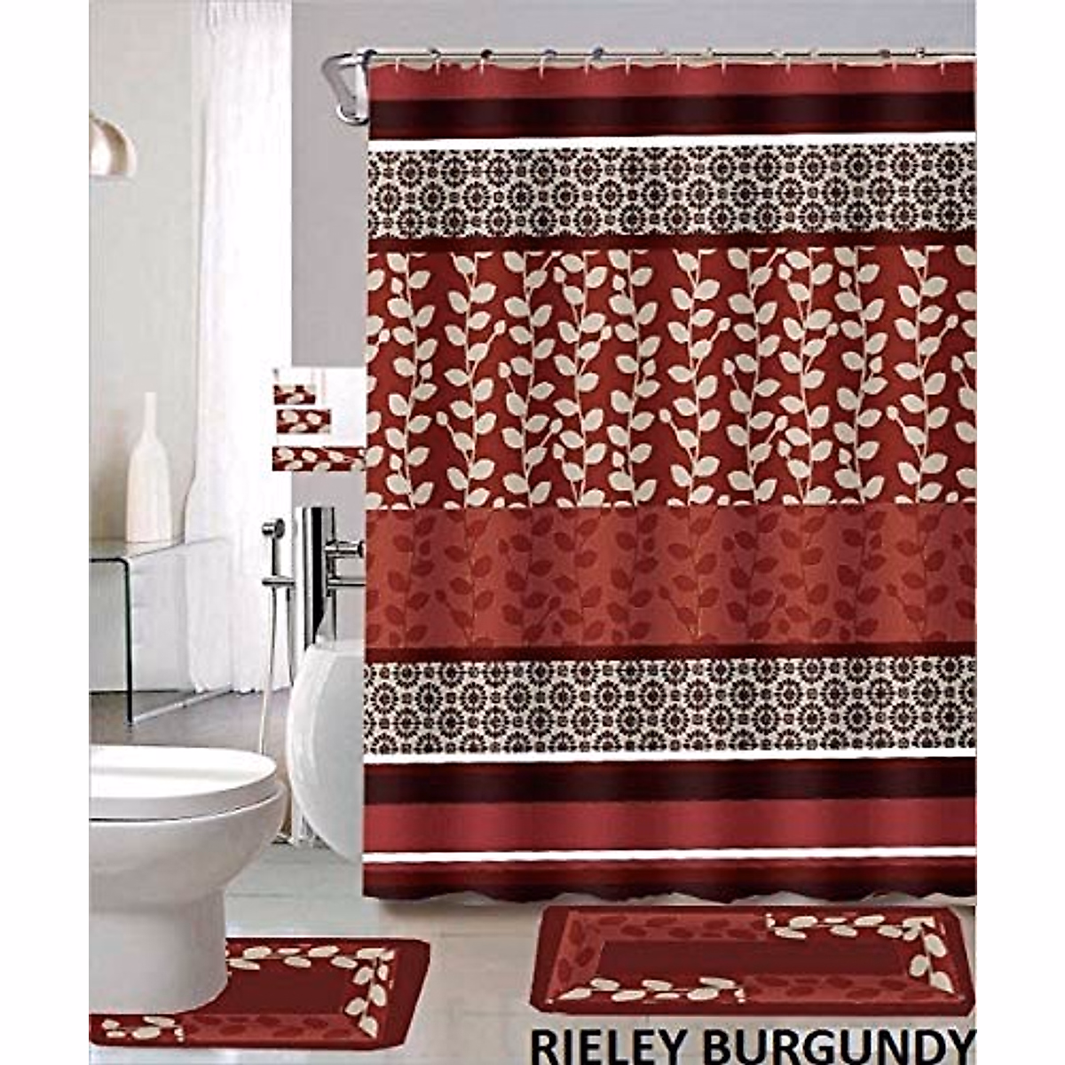 WPM WORLD PRODUCTS MART Riely 18-Piece Bathroom Set: 2-Rugs/mats, 1-Fabric Shower Curtain, 12-Fabric Covered Rings, 3-pc. Decorative Towel Set (Burgundy)