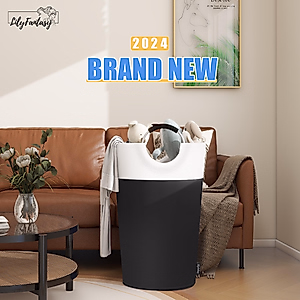 LilyFantasy 90L Laundry Basket, Collapsible Laundry Hamper with Padded Handles, Waterproof Laundry Bag, Tall Clothes Hamper Stand Up Well, Foldable Laundry Baskets for Easy Storage(Black)