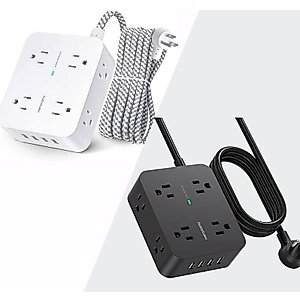 8 Outlets Power Strip with 4 USB Charging Ports, 3 Side Outlet Extender with 5Ft Braided Extension Cord, Flat Plug, Wall Mount, Desk USB Charging Station for Home Office