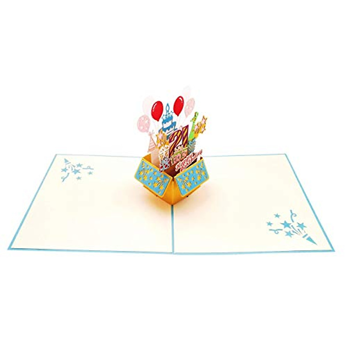 iGifts And Cards Happy 21st Blue Birthday Party Box 3D Pop Up Greeting Card - Awesome Twenty-one, Cute, Congrats, Unique, Celebration, Feliz Cumpleaños, Balloons, Gift, Presents