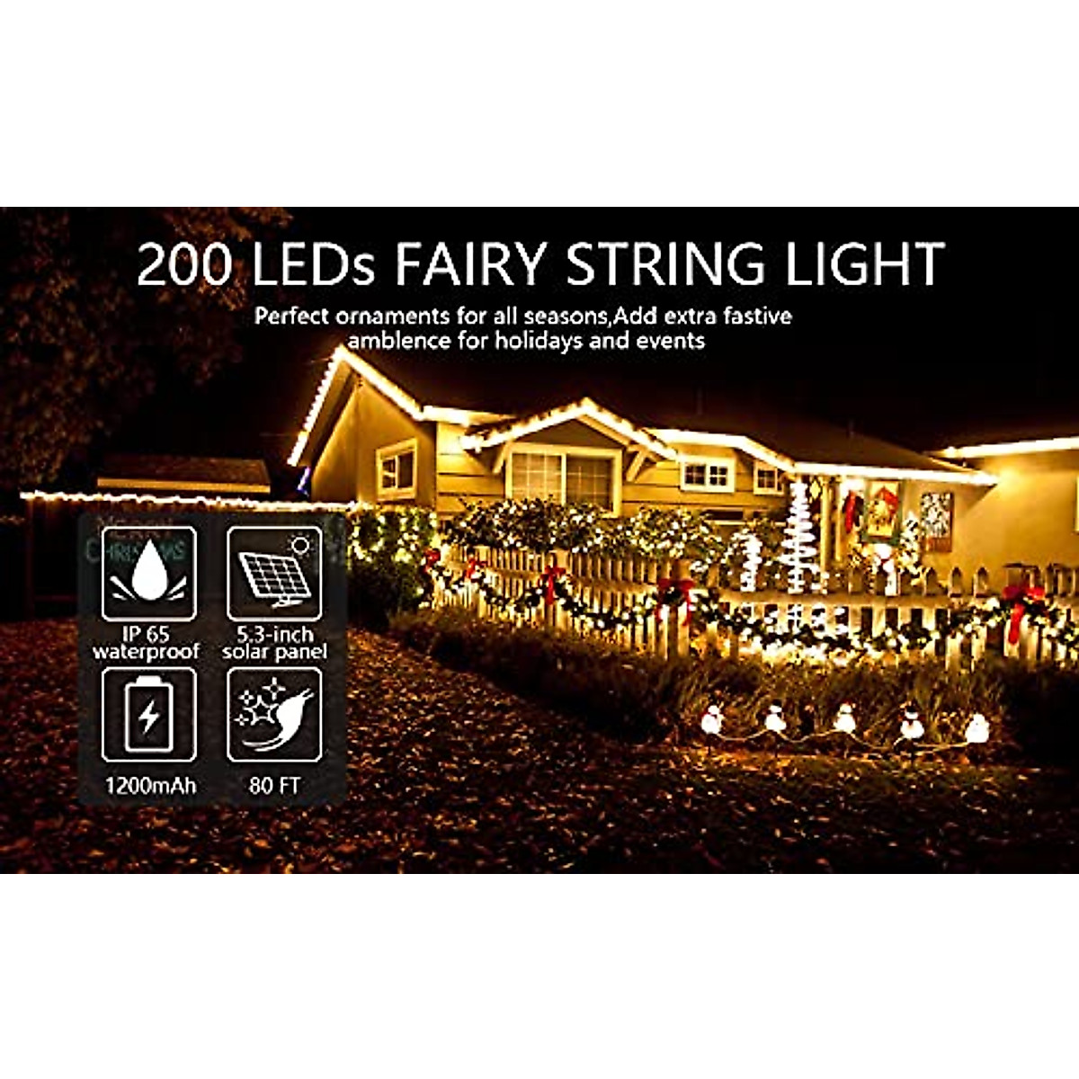 1001 LIGHTSUPPLY LIMITED Solar Fairy Lights Outdoor Waterproof 66ft 200 LED Solar String Lights Warm White, Silver Wire 8 Modes Solar Christmas Lights for Patio Wedding Party Tree Garden Decoration