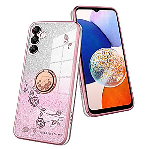 Bonoma Case for Samsung Galaxy A14 with 360°Rotatable Ring Holder Kickstand, Cute Luxury Saprkle Glitter Pretty Pink Flowers Floral Shiny Bling Sparkle Cover Shell for Women Girls