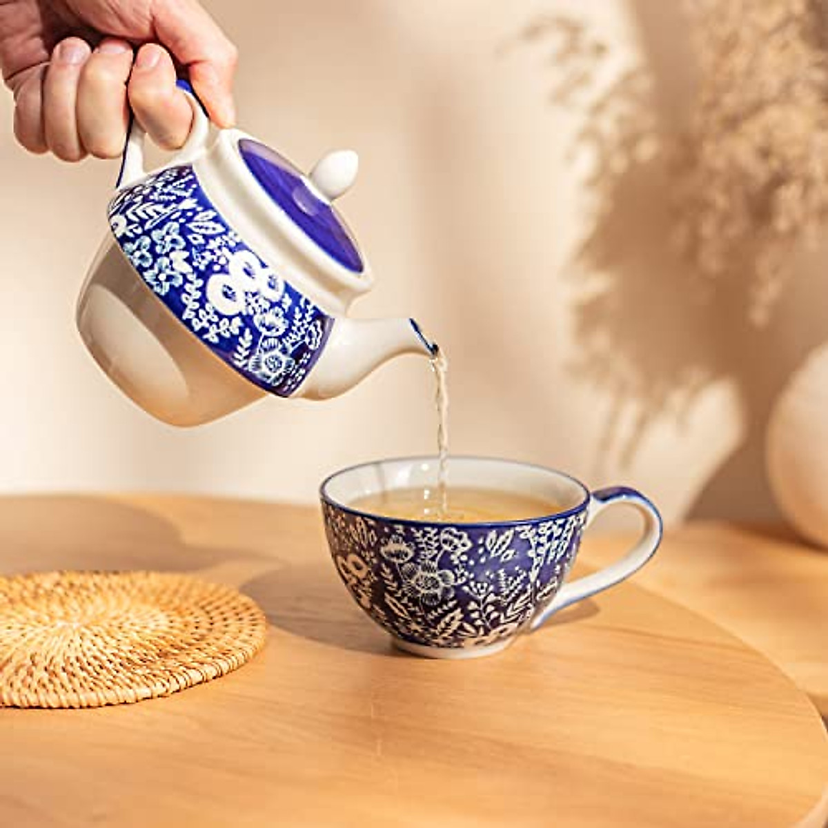 Taimei Teatime Ceramic Tea for One Set, 15 OZ Teapot with Infuser and Cup Set, Blue and White Teapot Set for one, Tea Set for Women, Adults