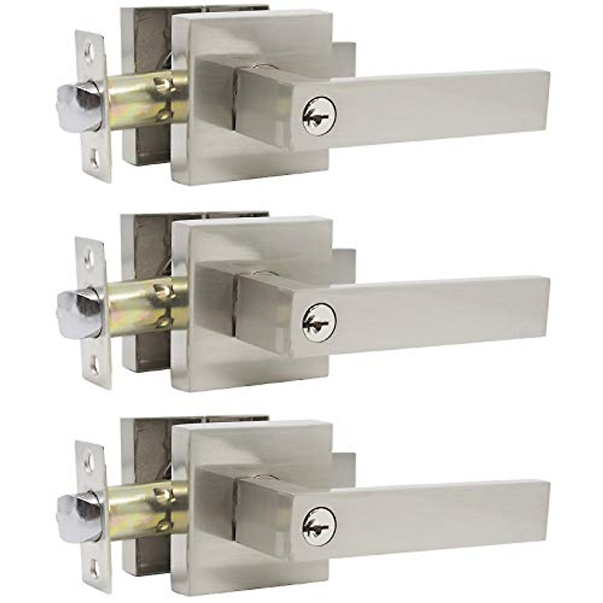 Knobonly Keyed Alike Entry Door Levers One Keyway Entrance/Front Door Handles with Same Keys Satin Nickel, Heavy Duty Keyed Exterior Door Locksets Door Handle Set, Combo Pack of 3