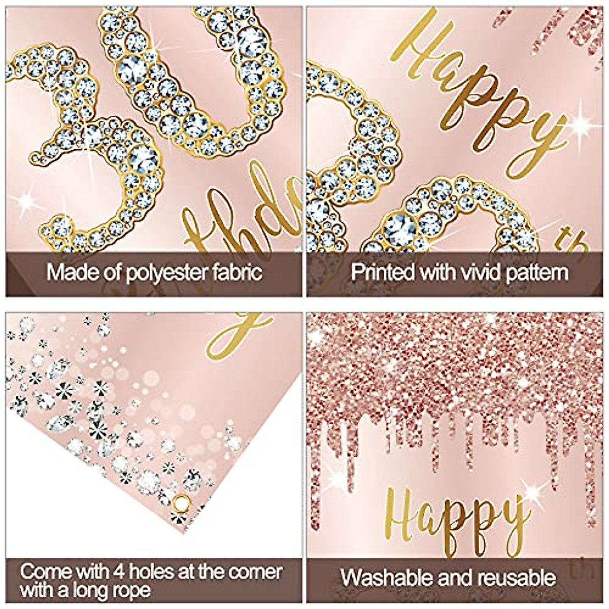 Happy 30th Birthday Door Banner Backdrop Decorations for Her, Pink Rose Gold 30 Birthday Party Door Cover Sign Supplies, Thirty Year Old Birthday Poster Background Decor