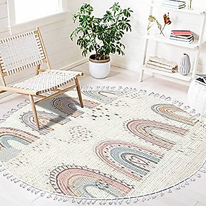 DNEWYNPABV Round Boho Rug Scandinavian Cartoon Rainbows with Clouds Flowers and Stars in Pastel Area Linen Carpet Patio Hallway Runner Mat Pad Minimalist Home Decor for Living Room Outdoor, 3 ft