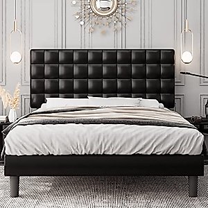 Feonase Queen Bed Frame with Square Stitched Headboard, Faux Leather Upholstered Platform Bed Frame, High-Density Sponge Filled, Solid Wood Slats, No Box Spring Needed, Noise-Free, Black