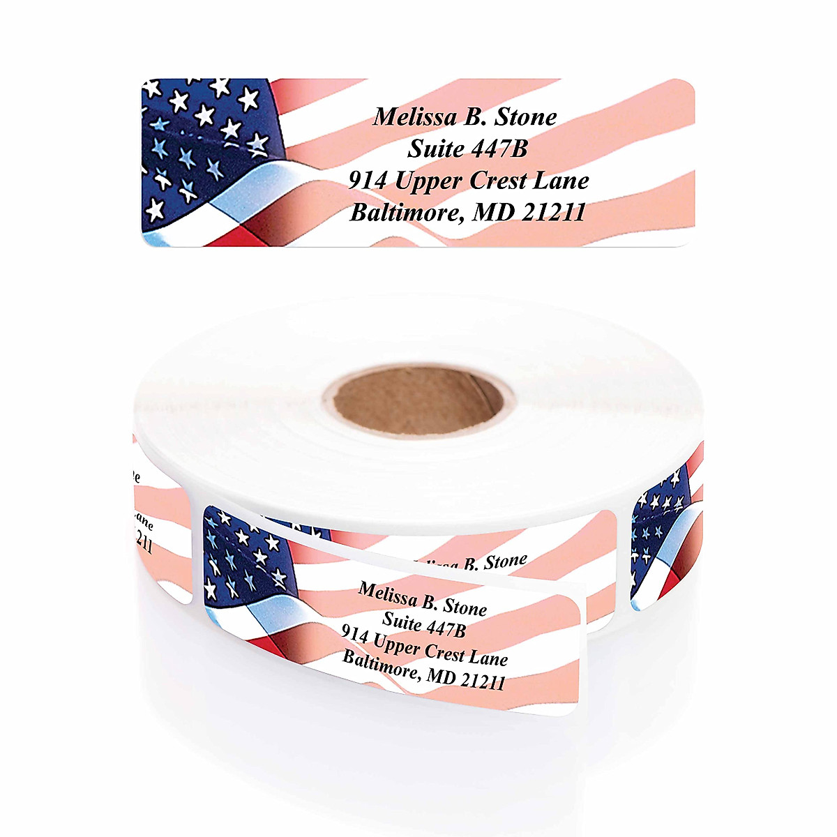 Proudly American Flag Personalized Return Address Labels with Elegant Dispenser - Roll of 250 Custom USA Stickers