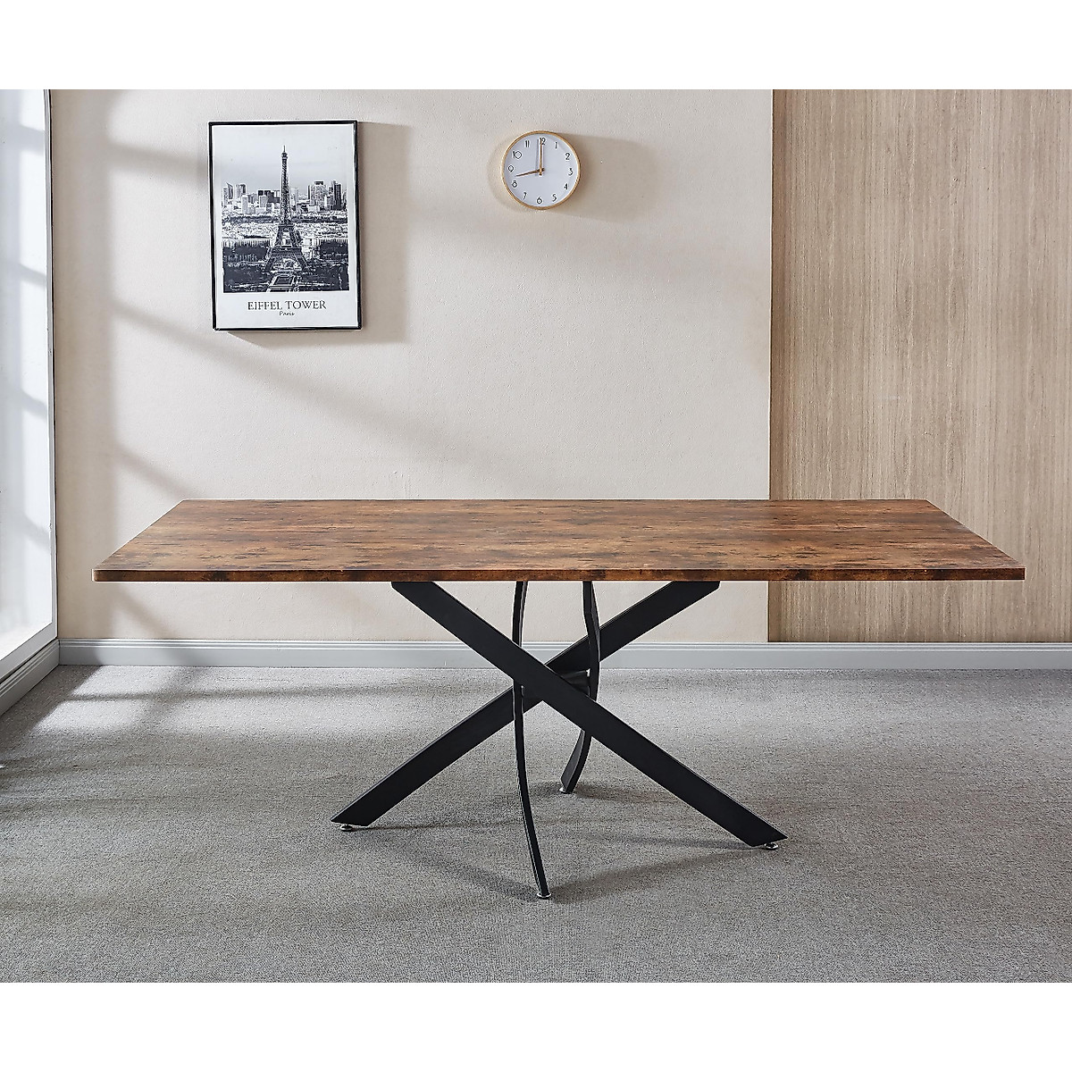 Mid-Century Dining Table for 6 People,63" Dining Room Table,Farmhouse Kitchen Table with Walnut Printed Wooden Table,Modern Dining Room Table with Black Metal Legs