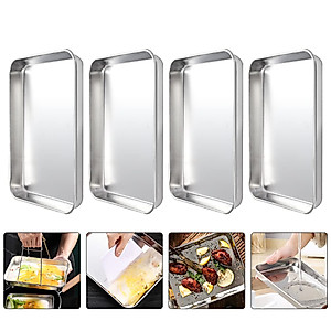 BESTonZON 4pcs Baking Sheets Stainless Steel Baking Pan Tray Cookie Sheet Oven Pan Food Tray Metal Dinner Dish for Lunch Dinner Camping Cooking Roasting Silver