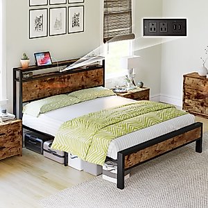 LUXOAK Queen Size Bed Frame, Platform Bed Frame with 2-Tier Storage Headboard and Charging Station/No Box Spring Needed/Noise Free/Industrial/Rustic Brown