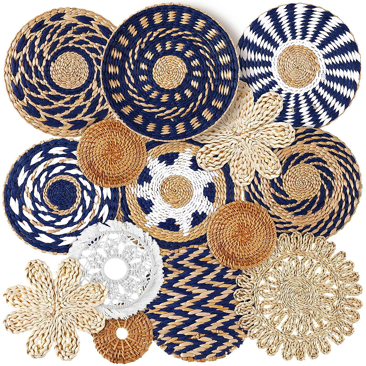 Xuhal 15 Pcs Boho Wall Basket Decor Hanging Woven Wall Basket Decorative Rustic Handcrafted Seagrass Baskets Round Woven Hanging Art for Home Farmhouse Kitchen Table Living Room (Blue Classic Style)