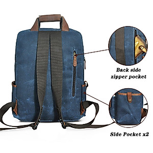 Handadsume Water Resistant Canvas + Leather Large Travel Backpack Rucksack Knapsack Laptop School Bag For Men FB1170 (The Blue)