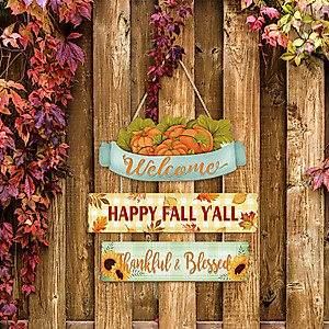 TOARTi Welcome Front Door Hanging Sign, Thankful & Blessed Pumpkin Fall Wood Plaque, Happy Fall Yall Wall Hanging for Home Wall Porch Farmhouse Harvest Thanksgiving Party Decor