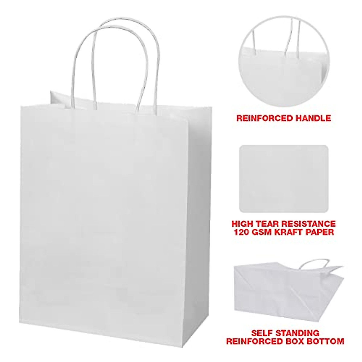 Packanewly Kraft Paper Bags with Handles, 105 PCS White - Eco-Friendly Gift Bags - Mixed Sizes: Small, Medium & Large for Retail, Gift, Shopping, Wedding, Birthday & Parties