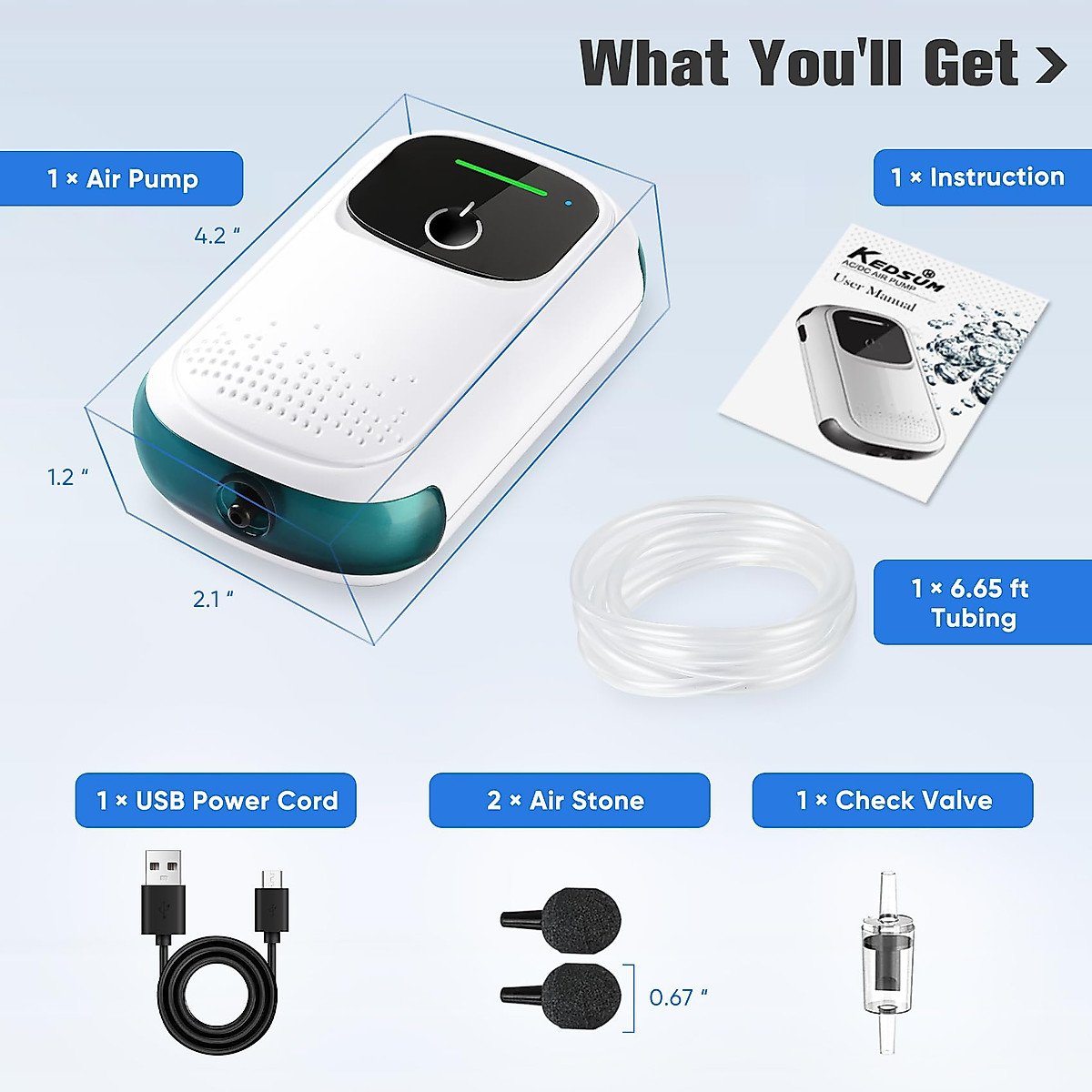 KEDSUM Aquarium Air Pump, USB Rechargeable Fish Aerator Pump with Accessories for 0-60 Gallons, Portable Fish Tank Bubbler, Used for Outdoor-Fishing, Power Outages and Emergency