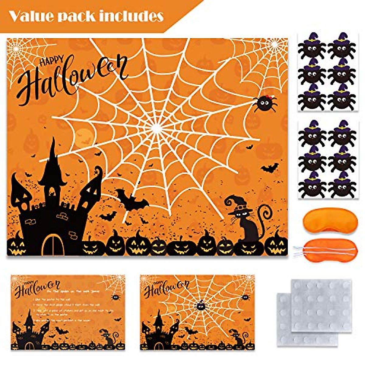 Halloween Party Games Pin The Spider on The Web Game Reusable Pin Game Spider Web Halloween Party Favor Supplies for Kids Girls Boys