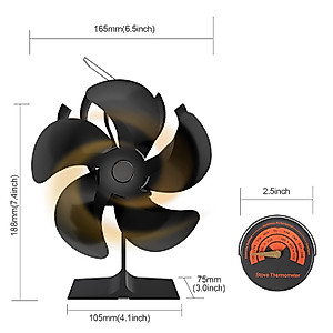 SIMPFUN 5-Blade Fireplace Fans, Fast Start Heat Powered Stove Fan for Wood, Ultra Quiet Circulating Warm Air Saving Fuel Efficiently for Gas/Pellet/Wood/Log Stoves with Magnetic Thermometer
