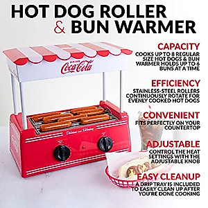 Nostalgia Coca-Cola Hot Dog Roller Holds 8 Regular Sized or 4-Foot-Long Hot Dogs and 6 Bun Capacity, Stainless Steel Rollers, Perfect For Breakfast Sausages, Brats, Taquitos, Egg Rolls, Red/White