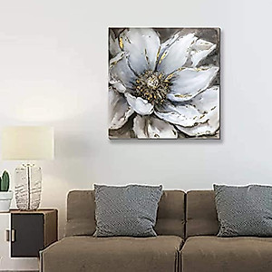 Wallpaint - Black and White Flower Wall Art with Texture and Gold Foil, Elegant Blooming Floral Picture Canvas Wall Decor for Living Room Bedroom - 30"x30"