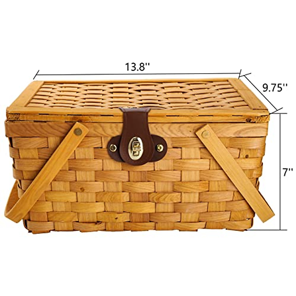 Yesland Picnic Basket with Lid and Double Folding Handles, Wood Chip Easter Basket with Gingham Pattern Lining Organizer - Blanket Storage for Egg Gathering Wedding Candy Gift - 13.8 x 9.7 x 7 Inch