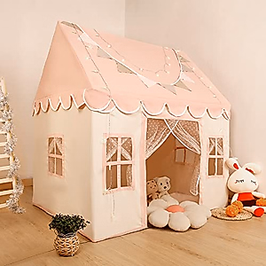 Kids Play Tent with Non-Slip Mat, Star Lights, Decorating Flag, Dots Curtains Playhouse with 4 Windows, Machine Washable, Indoor and Outdoor Play Tent for Kids, Girls, Pink, 47" x 40" x 52"