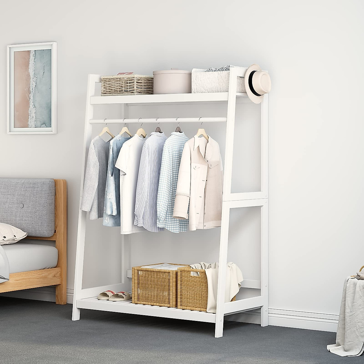 IOTXY Open Wood Garment Rack - White Solid Wood Freestanding Clothing Rack with Storage Shelves and Rod for Hanging Clothes, Large Wide Open Shelving Wardrobe and Closet Organizer for Bedroom, 39.4"W