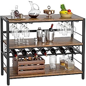 Ecoprsio Wine Rack Table, Industrial Bar Cabinet with Wine Rack and Glass Holder Vintage Liquor Cabinet with Storage for Bar, Buffet, Dining Room, Living Room, Kitchen, Rustic Brown