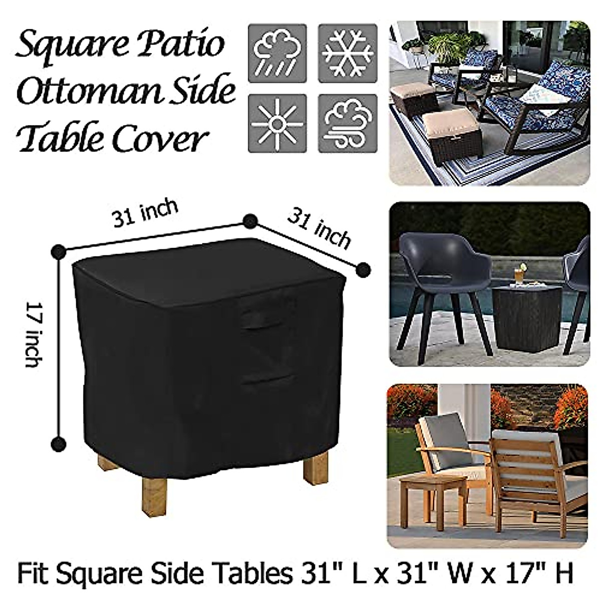 31 Inch Square Side Table Cover Waterproof Patio Ottoman Cover Heavy Duty Outdoor Patio Furniture Cover, Black