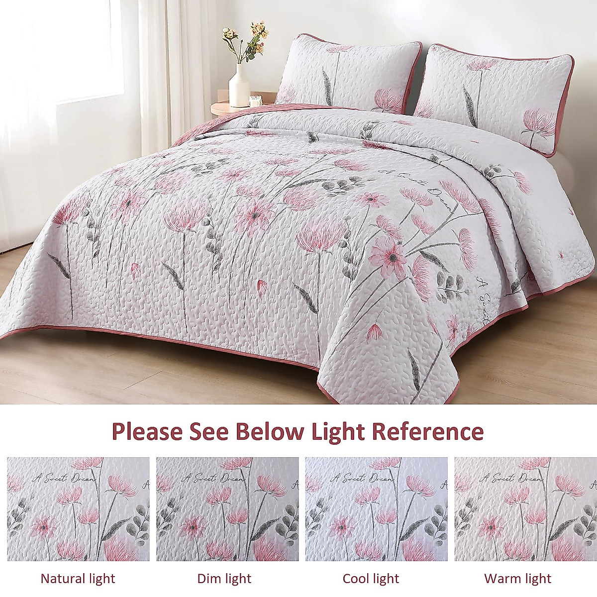 Dinjoy King Size Quilt Set Floral,3 Piece Pink/Blush Farmhouse Bedding Set Lightweight Flower Bedspreads White Coverlet Bed Sets Boho King Quilts for Girls All Season(90"x104")