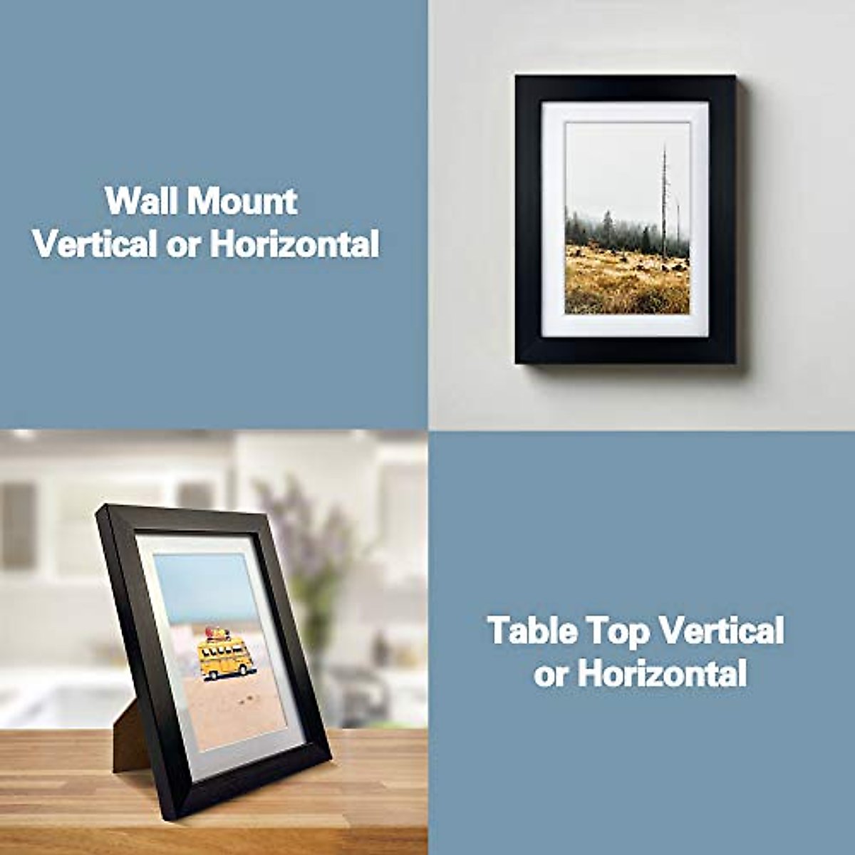4x6 Black Picture Frame Set of 6, Multi Frames Matted to Display Photos 4x6 with Mat or 5x7 without Mat for Wall and Tabletop