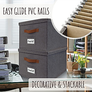 ZICOTO Decorative File Organizer Box Set of 2 - Collapsible Linen Filing Cabinets w/Handles Are Perfect to Store all Your Documents & Hanging File Folders - Portable Easy Slide Crates with Lid