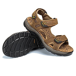 AGOWOO Womens Leather Ankle Strap Beach Hiking Sandals (7.5 D(M) US, Khaki)