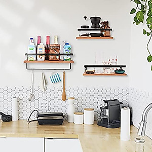 Floating Shelf Wall Mounted Set of 3, Kitchen Bathroom Storage Rack Wood Shelves with Guard Towel Rack, Wood Decorative Wall Shelf