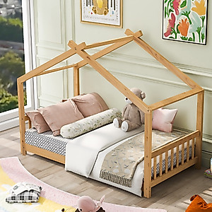 Harper & Bright Designs Toddlers House Platform Beds, Solid Wood Twin Size Floor Montessori Bed with Headboard & Footboard, House Cabin Bed Frame for Kids, Teens, Girls, Boys (Natural)