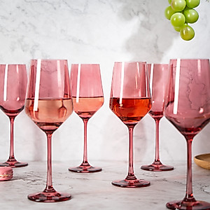 Red Rose Colored Wine Glass Set, Large 12 oz Glasses Set of 6, Unique Italian Style Tall Stemmed for White & Red Wine, Water, Cocktail, Margarita Glasses, Color Tumbler, Gifts, Beautiful Glassware