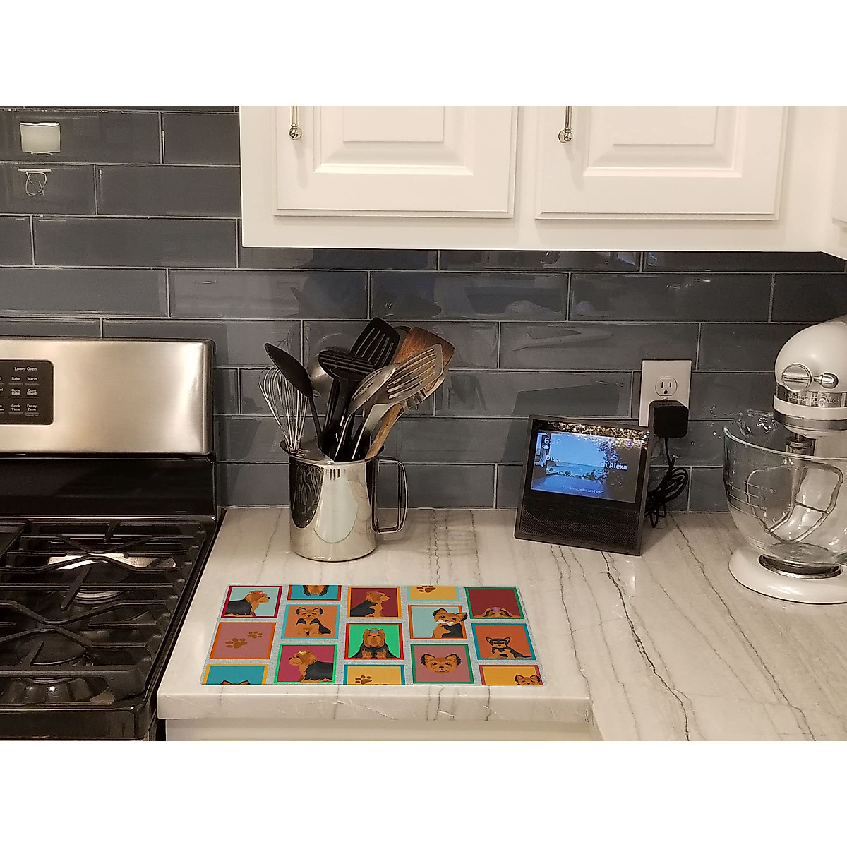 Caroline's Treasures MLM1110LCB Lots of Black and Tan Yorkie Glass Cutting Board Large Decorative Tempered Glass Kitchen Cutting and Serving Board Large Size Chopping Board