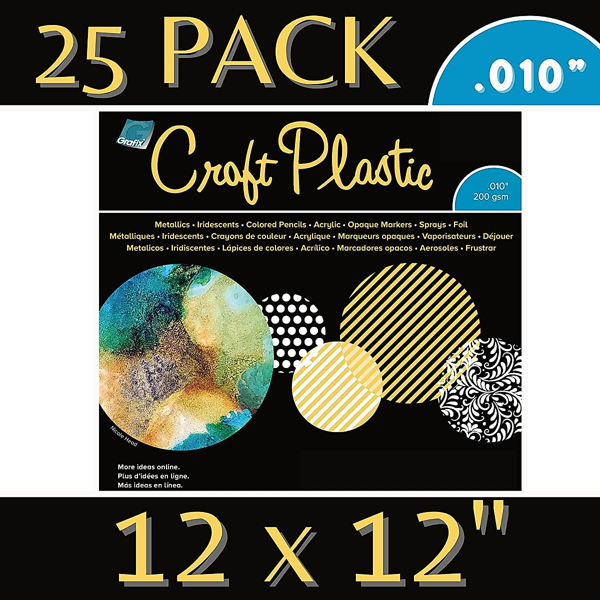 Grafix Opaque Craft Plastic – Opaque .010” Craft Plastic Film, Durable and Flexible Film, Perfect for DIY Crafts, Mixed Media, Fluid Art, Watercolors, and Stamping Black, 12x12”, Pack of 25