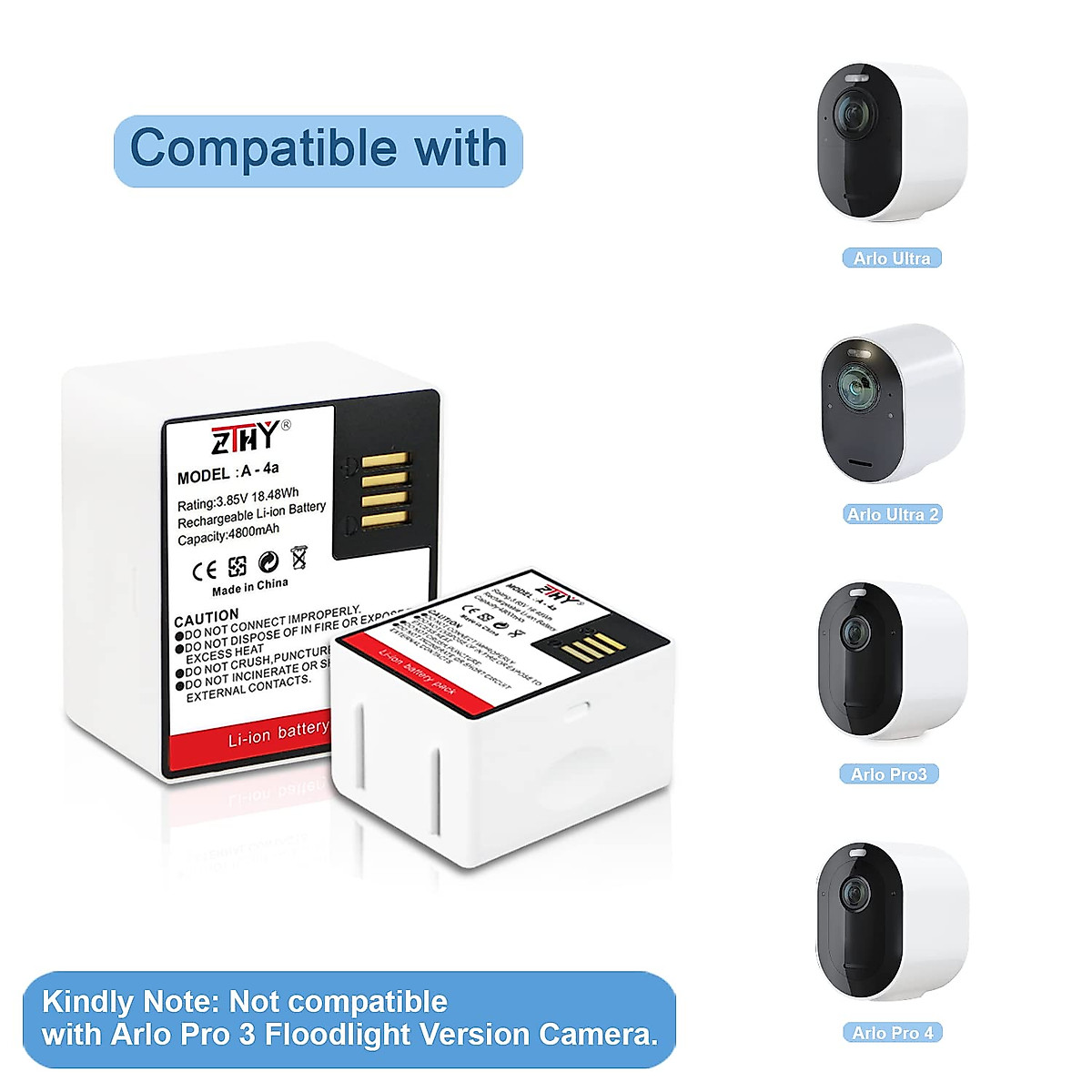 New Battery Rechargeable Replacement for Arlo Ultra, Arlo Ultra 2, Arlo Pro 3, Arlo Pro 4 VMC4040P VMA5400 VMC4350P VMC4050P VMC5040 VMS4240P Series 18.48Wh 3.85V 4800mAh