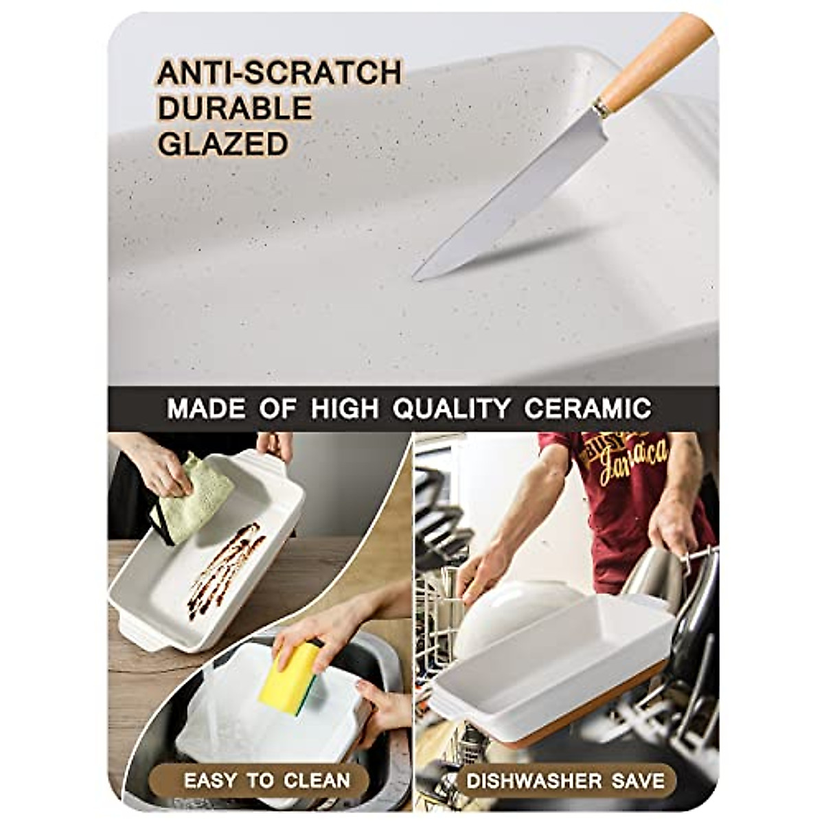 YMASINS Casserole Dishes for Oven, Ceramic Baking Dish Set of 3 Deep Lasagna Pans Large Ceramic Baking Pan with Handles from Oven to Table Rectangular Casserole Dish Set Easy to Clean, White